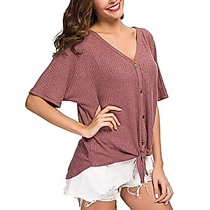 IWOLLENCE Womens Waffle Knit Tunic Blouse Tie Knot Short Sleeve Henley Tops Loose Fitting Bat Wing Shirts Rust Red, XL