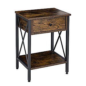 Vongrasig Nightstand with Wooden Drawer and Storage Shelf, Narrow Side Table for Small Spaces with Industrial Steel Frame, Modern Bedside End Tables with Drawer for Bedroom, Living Room, Rustic Brown