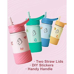 BUZIO 14oz Kids Water Bottle Stainless Steel Insulated Metal Water Bottles with Straw for Toddlers, BPA-Free Double Wall Water Flask Leak Proof Tumbler for School Boys Girls with Stickers, pink