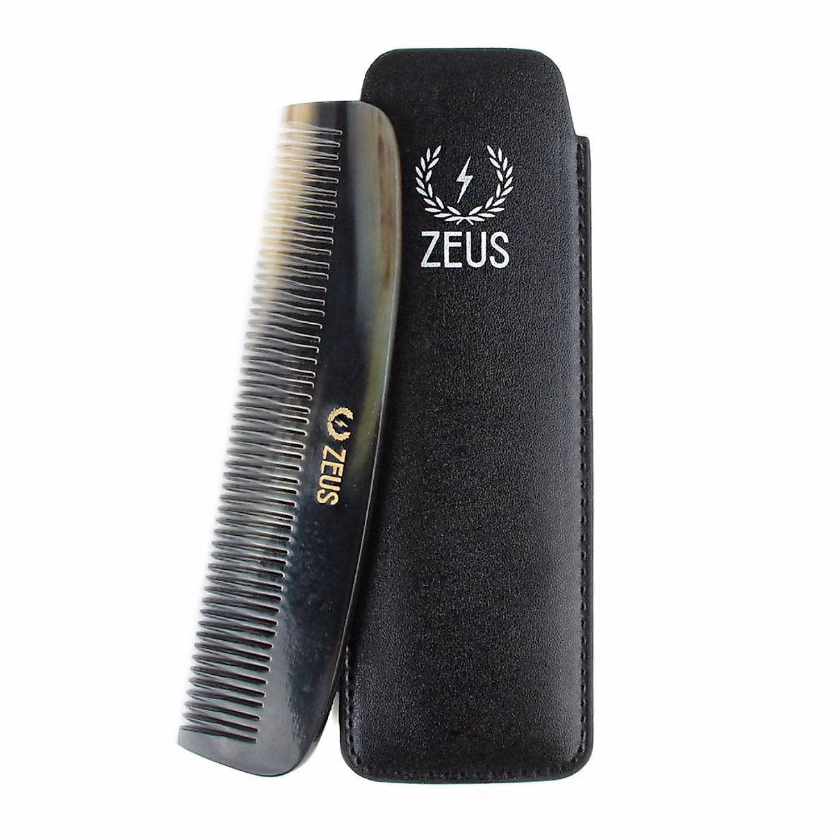 ZEUS Wide Tooth Natural Horn Beard Comb w/Leather Case, Saw-Cut, Anti-Static, Tames, Smooth Glide for Long/Thick Beards