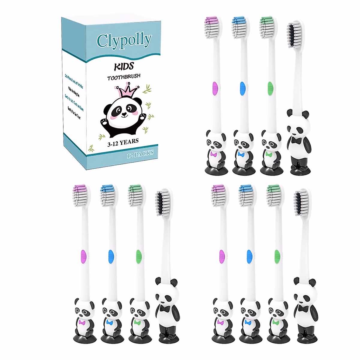 Clypolly Kids Panda Toothbrush,Child Sized Brush Heads, Soft Bristle with Animal Suction Cup Fun & Easy Storage for Toddlers Girls and Boys 3-12 Years Pack of 12
