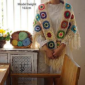 Hblanket Handmade Crochet tassels Shawls Wraps Granny Square Womens Coat Sweater 62x30in (white)