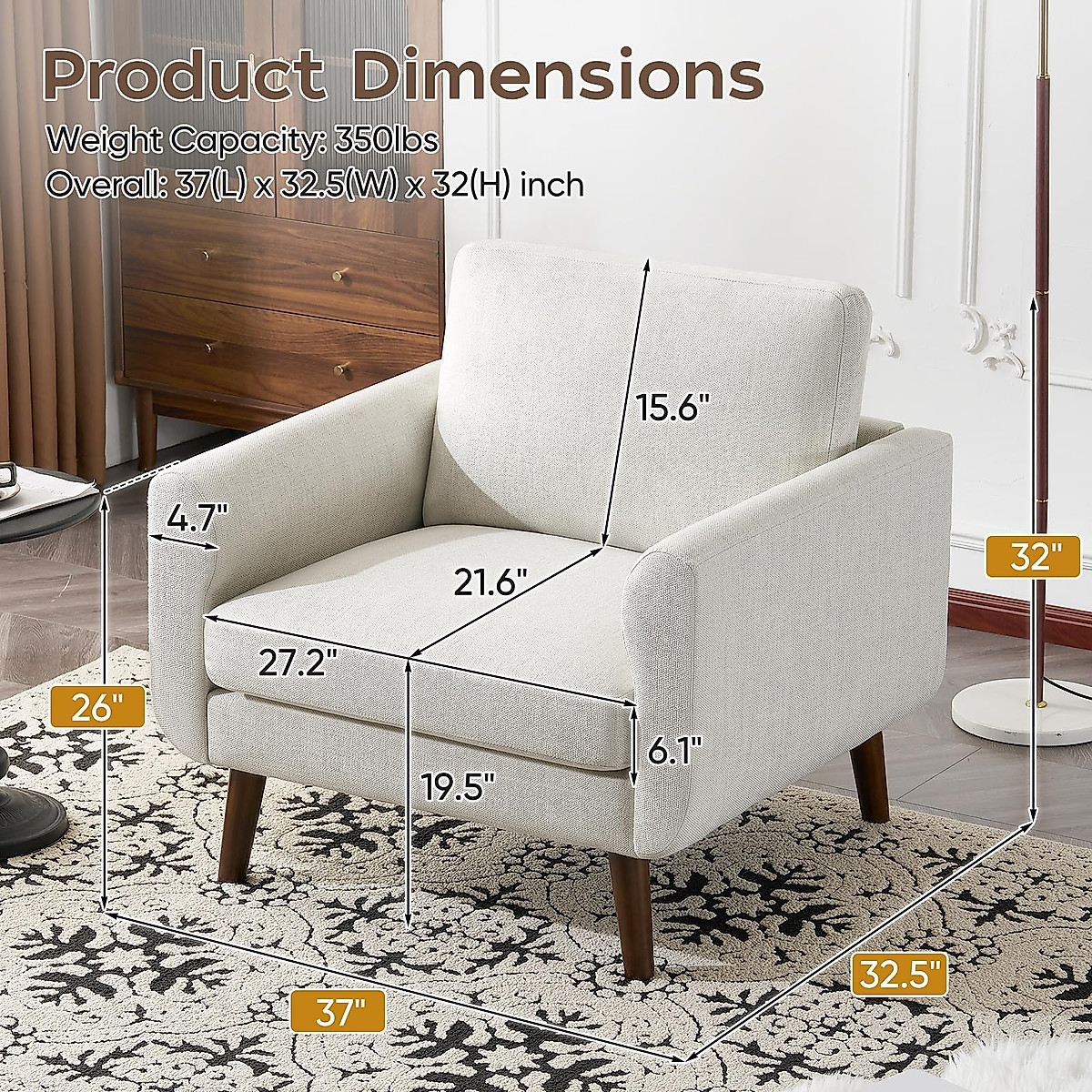 ELUCHANG Accent Chair Set of 2, Oversized Mid Century Modern Chair Living Room Chairs, Soft Linen Fabric Sofa Chairs Upholstered Arm Chair Comfy Chair for Bedroom Apartment (Creamy White)