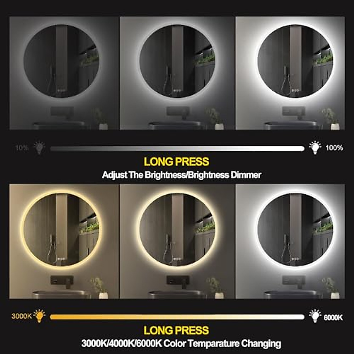 DELURA Round Led Bathroom Makeup Mirror, Wall-Mounted Vanity Mirror, 6000K/4000K/3000K Circle Makeup Mirrors (50-80cm) (Size : 50cm)