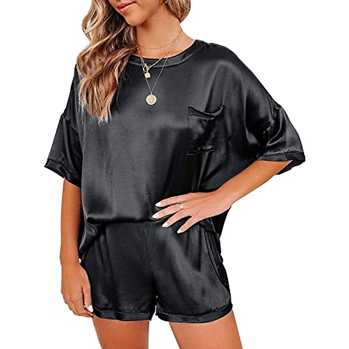 Ekouaer Womens, Two Piece Silk Satin Pajamas Set, Crewneck Short Sleeve Tops and Shorts, Sleepwear, A-black, X-Large