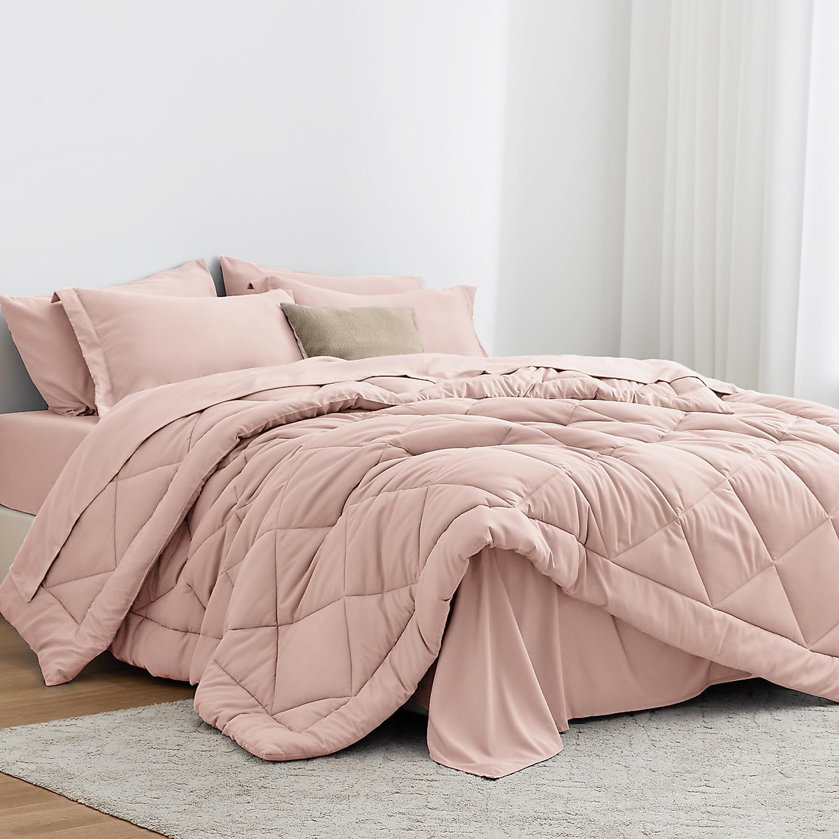Love's cabin Twin Comforter Set Pink, 5 Pieces Twin Bed in a Bag, All Season Twin Bedding Sets with 1 Comforter, 1 Flat Sheet, 1 Fitted Sheet, 1 Pillowcase and 1 Pillow Sham