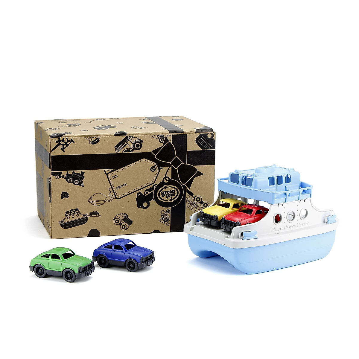 Green Toys Deluxe Ferry Boat Set - 5 Piece Pretend Play, Motor Skills, Kids Bath Toy Floating Boat Vehicle and Cars Set. No BPA, phthalates, PVC. Dishwasher Safe, Recycled Plastic, Made in USA.