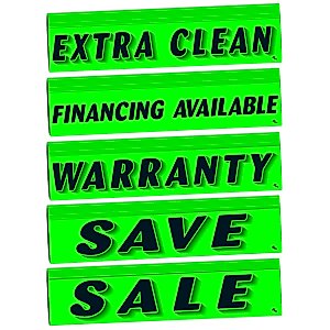 Versa Tags Windshield Slogan Stickers 12 Pack Each of Extra Clean, FINANCING Available, Warranty, Save, Sale (60) Window Stickers Total Dealership Stickers Black On Green