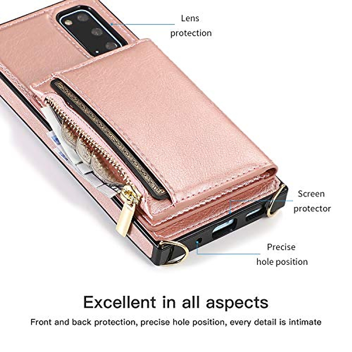 UEEBAI Crossbody Wallet Case for Samsung Galaxy S20 FE 5G, PU Leather Zipper Wallet Case with Card Slots with Removable Crossbody Wrist Strap Kickstand Magnetic Flip Case Cover - Rose Gold