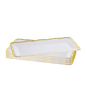 Plastic Serving Tray | White Rectangular Serving Trays with Gold Rim Border, Disposable Heavyweight Serving Party Platters, 13.75" x 6" 6 Pack. - Posh Setting