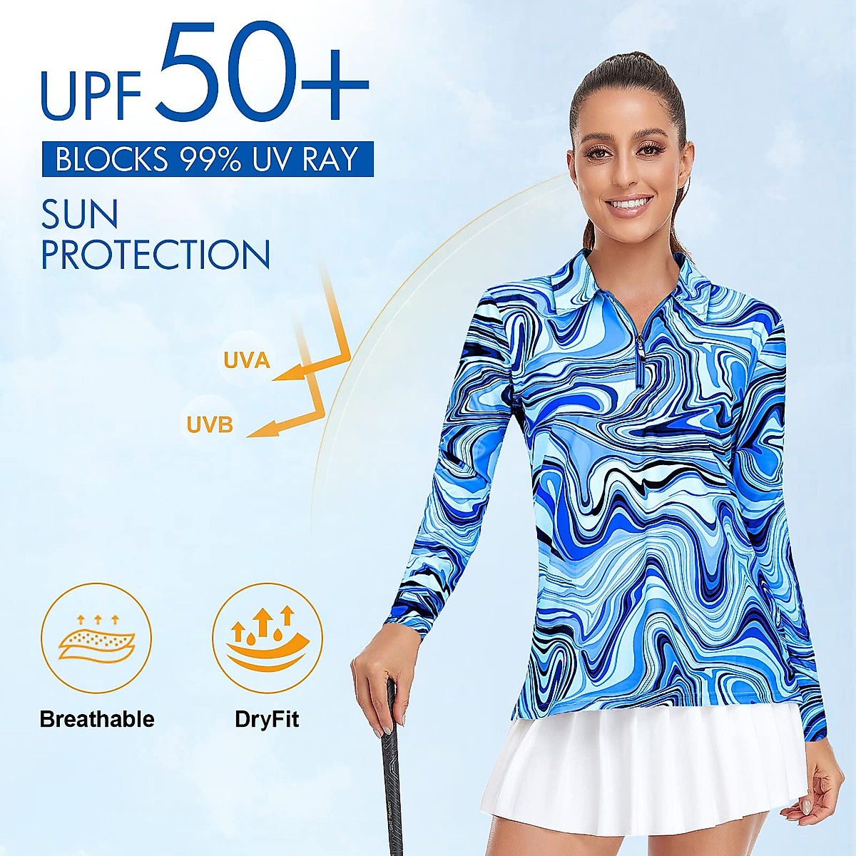 Long Sleeve Golf Shirts for Women UPF50+ Sun Protection Loose Fitting Workout Tops 1/4 Zip Up Fast Dry Lightweight Moisture Wicking Tennis Yoga Athletic Shirt Marble Printed Blue Wave, XX-Large