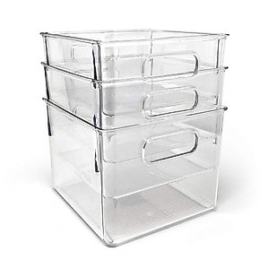 Isaac Jacobs 3-Pack Medium Clear Storage Bins with Handles, Plastic Organizer for Home or Fridge/Freezer, Pantry and Kitchen Non-Slip Container Set, BPA Free, Food Safe (3-Pack, Medium)