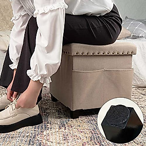 Brakki Storage Ottoman Cube Square Ottoman Foot Rest Cube with Side Pocket,15.7 Inches Storage Bench for Bedroom Living Room Linen Fabric with Wooden Legs Folding Beige Ottoman