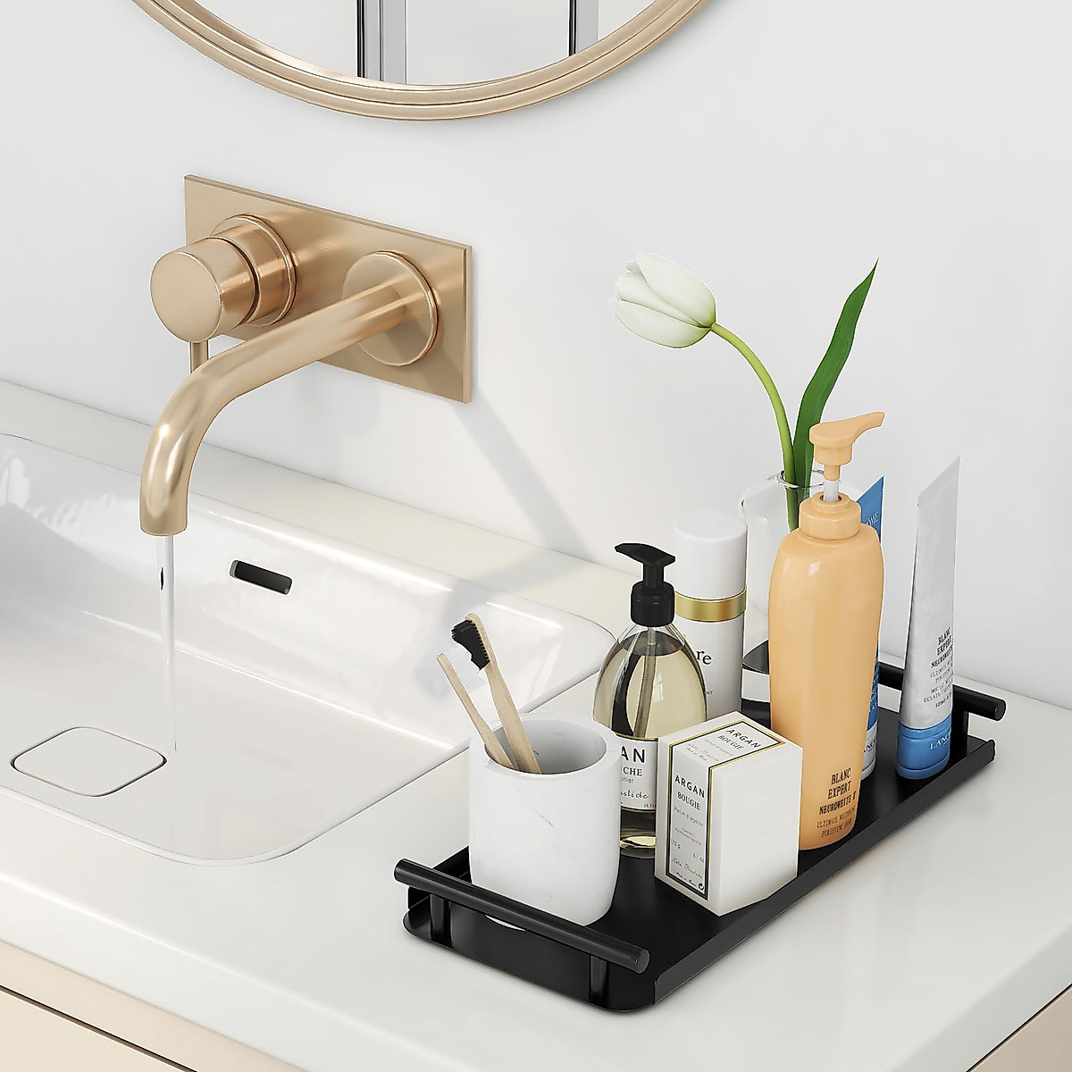 FEILERN Toilet Paper Basket, Stainless Steel Toilet Tank Tray with Handle for Organizing - Toilet Paper Basket Storage for Toilet Tank, Bathroom, Kitchen Counter (Black)