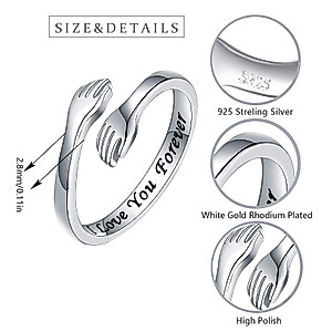 Hug Ring Sterling Silver Adjustable - White Gold/18K Gold/Rose Gold Plated Couple Hug Ring Hugging Rings for Women Mens Wedding Band Rings Wrap Around Hand Jewelry for Teen Girls Sizes 5-9