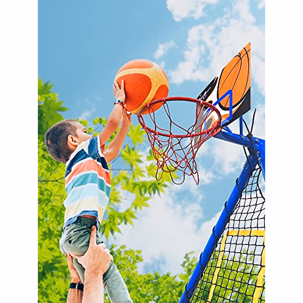 Fitness Reality Kids 6 Station Sports Metal Swing Set for Backyard with Slide Seesaw, Saucer Swing, Basketball Hoop, and Soccer Rebounder (8413)