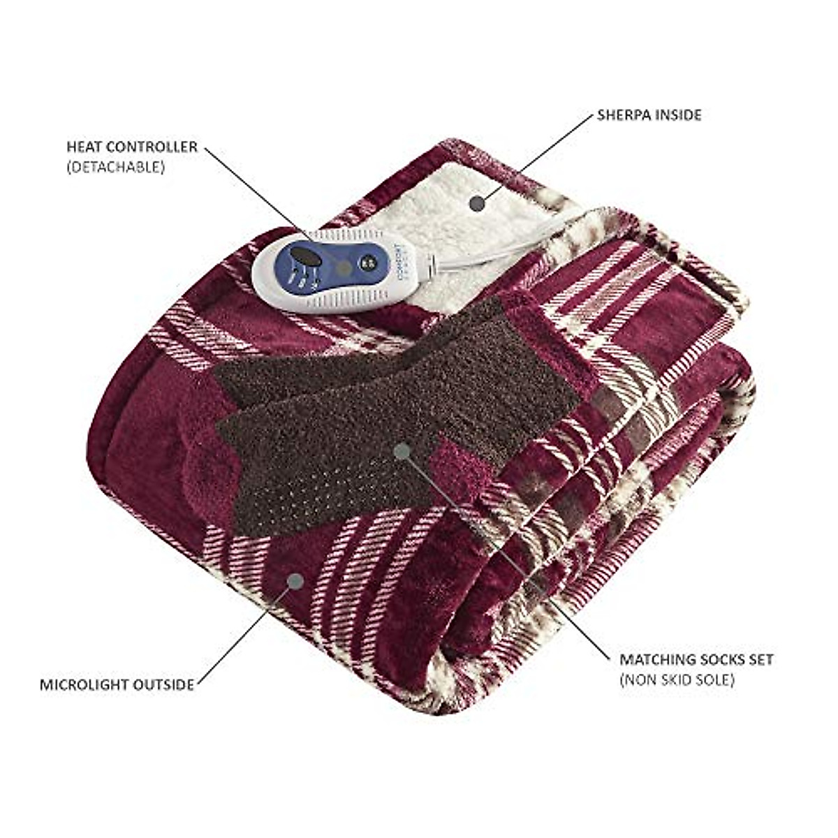 Comfort Spaces Plush to Sherpa Electric Blanket Shawl Shoulder, Neck Wrap with Matching Sock Set Giftable Ultra Soft, Warm, Snuggle Fleece-Reversible Heated Poncho Throw, 50" W x 64" L, red Plaid