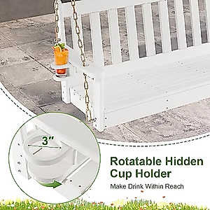 Tangkula 2 Person Hanging Porch Swing, Outdoor Bench Swing with Adjustable Chains, Hidden Cup Holders, HDPE Tree Swing Chair for Patio Backyard Deck Garden, 54 Inch (White)