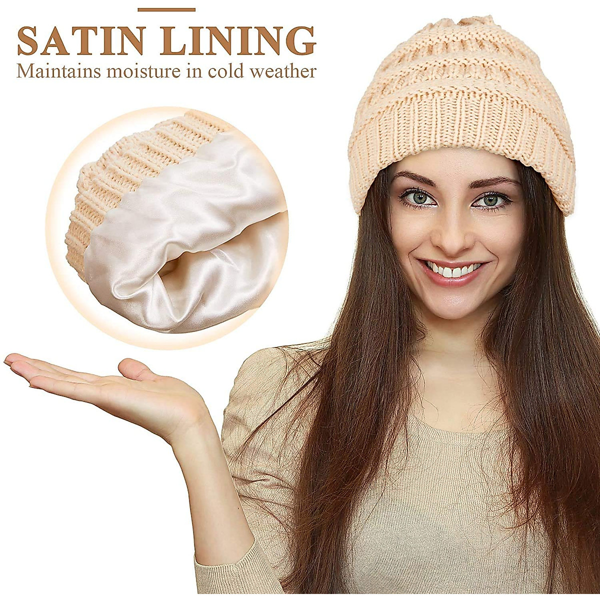 Roniky Winter Knit Beanie Hats for Women, Silk Satin Lined Chunky Cap Soft Stretch Cable Knit Warm Slouchy Beanie Hat Black