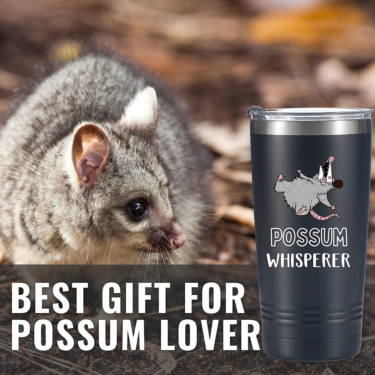 Onebttl Possum 20oz Tumbler With Spill-Proof Lid - Unique Gift for Possum Lovers, Women & Men - Opossum Gift Box Included - Black