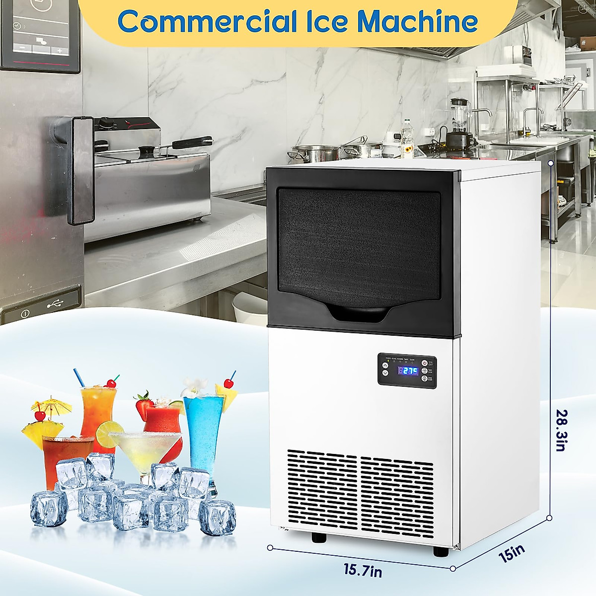 Zstar Commercial Ice Maker Machine, 110LBS/24H Under Counter Ice Maker, Freestanding Ice Machine w/33LBS Ice Storage, LCD Controller, Self Cleaning, Stainless Steel Large Ice Maker for Restaurant Home