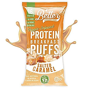Better Than Good Sweet Keto, Gluten-Free Salted Caramel Protein Puffs (0.88 Ounce 4-Pack) - Paleo, Low Sugar, Low Calorie, Diabetic Friendly Snacks | 16g Protein & 2 Servings of Fruits & Veggies