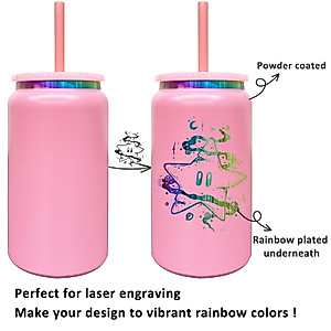 Glass Cups with Lids and Straws, 16 oz Stainless Steel Cups, Insulated Skinny Tumbler, Powder Coated Travel Mugs for Laser Engrave, Iced Coffee Cup for Smoothie Water DIY Gift (Pink,1 pack)