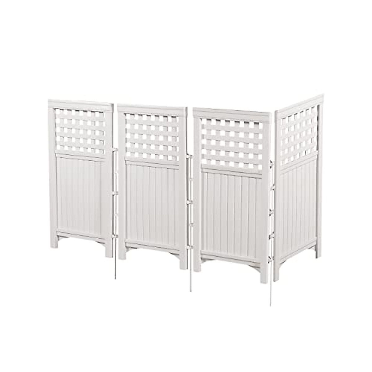 Suncast 4 Panel Reversible Outdoor Screen Enclosure, 44" (H) x 23" (W) per, White & 33 Gallon Hideaway Can Resin Outdoor Trash with Lid Use in Backyard, Deck, or Patio, 33-Gallon, Brown