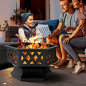 AMAGABELI GARDEN & HOME Fire Pit Outdoor Wood Burning Cast Iron Fire Bowl 24in Fireplace Extra Deep Large Round Outside Backyard Deck Camping Heavy Duty Metal Grate Rustproof BG535