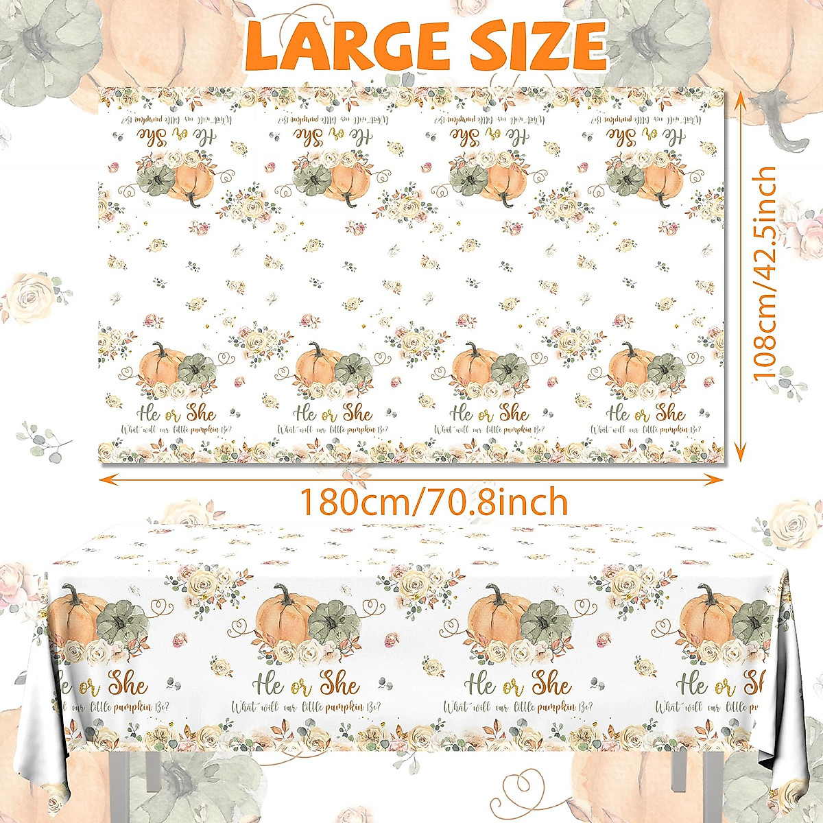 Peghoqu Fall Pumpkin Gender Reveal Tablecloth,He or She Pumpkin Floral Gender Reveal Party Decorations,What Will Our Little Pumpkin Be Disposable Table Cover for Autumn Baby Shower Supplies