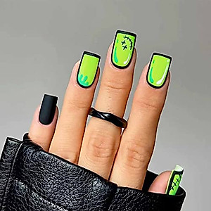 Foccna Comic Press on Nails Medium, Acrylic Fake Nails Square Cartoon False Nails Green,Artificial Nails for Women and Girls- 24 pcs 