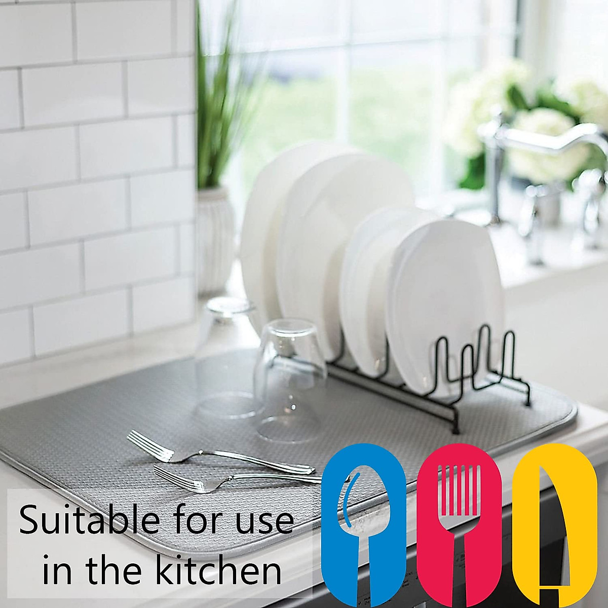 2 Pack Microfiber Dish Drying Mat,Large Absorbent Kitchen Drying Pad,Dishes Drainer Pads for Kitchen Counter,19×14.5 Inch,(Grey/Blue)