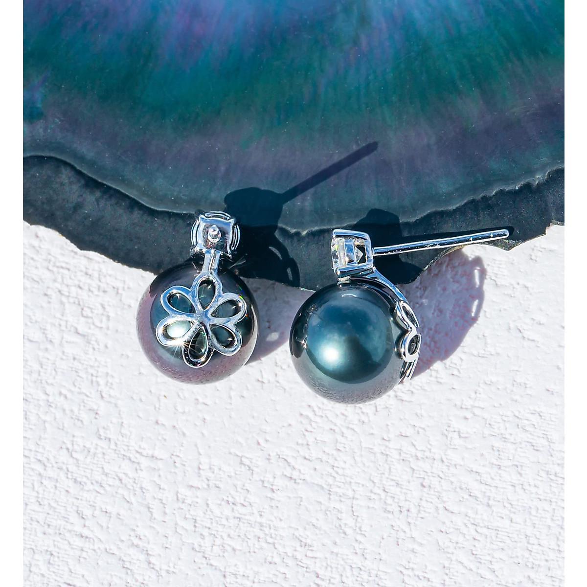 Mihiarii 11MM Tahitian Black Pearl Stud Earrings 10K Solid White Gold Moissanite Birthday Anniversary Mothers Day Valentines Day Christmas Gifts for Mom Her Women