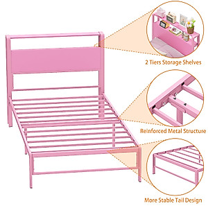 Weehom Twin Bed Frames for Kids with 2 Tiers Wood Storage Shelves Headboard, Twin Size Bed No Box Spring Needed Under Bed Storage Space Metal Platform for Girls and Adults, Pink