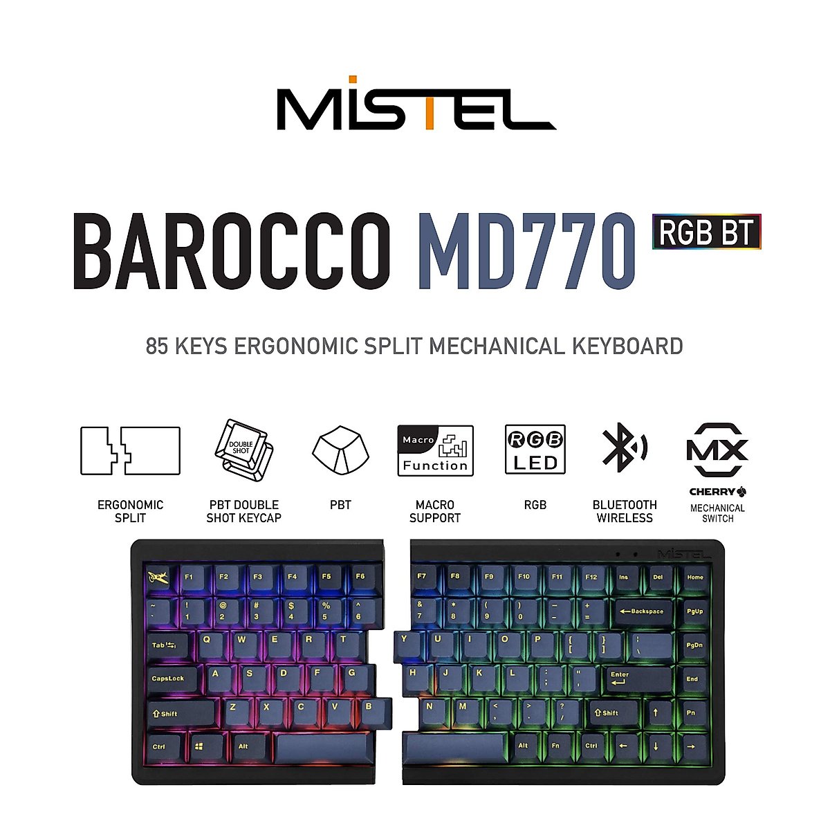 Mistel BAROCCO MD770 RGB Wireless Split Mechanical Keyboard, TKL Ergonomic Gaming Keyboard 85 Keys (Cherry MX Brown Switches, Tactile Light-Clicky)