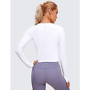 CRZ YOGA Long Sleeve Crop Tops for Women Workout Cropped Top Yoga Slim Fit Athletic Gym Shirts with Thumb Hole White Small