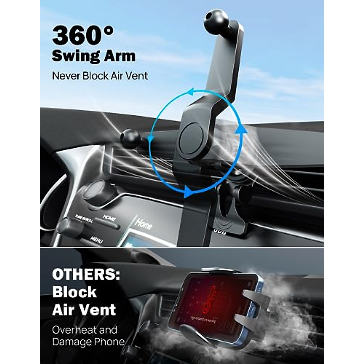 JOYTUTUS Phone Holder Car Vent Phone Mount, Never Blocking Air Vent with Extension Clip, 2 in 1 Car Phone Holder Mount for Car, Adjustable Cell Phone Holder Car, Fit iPhone Samsung All Smartphones