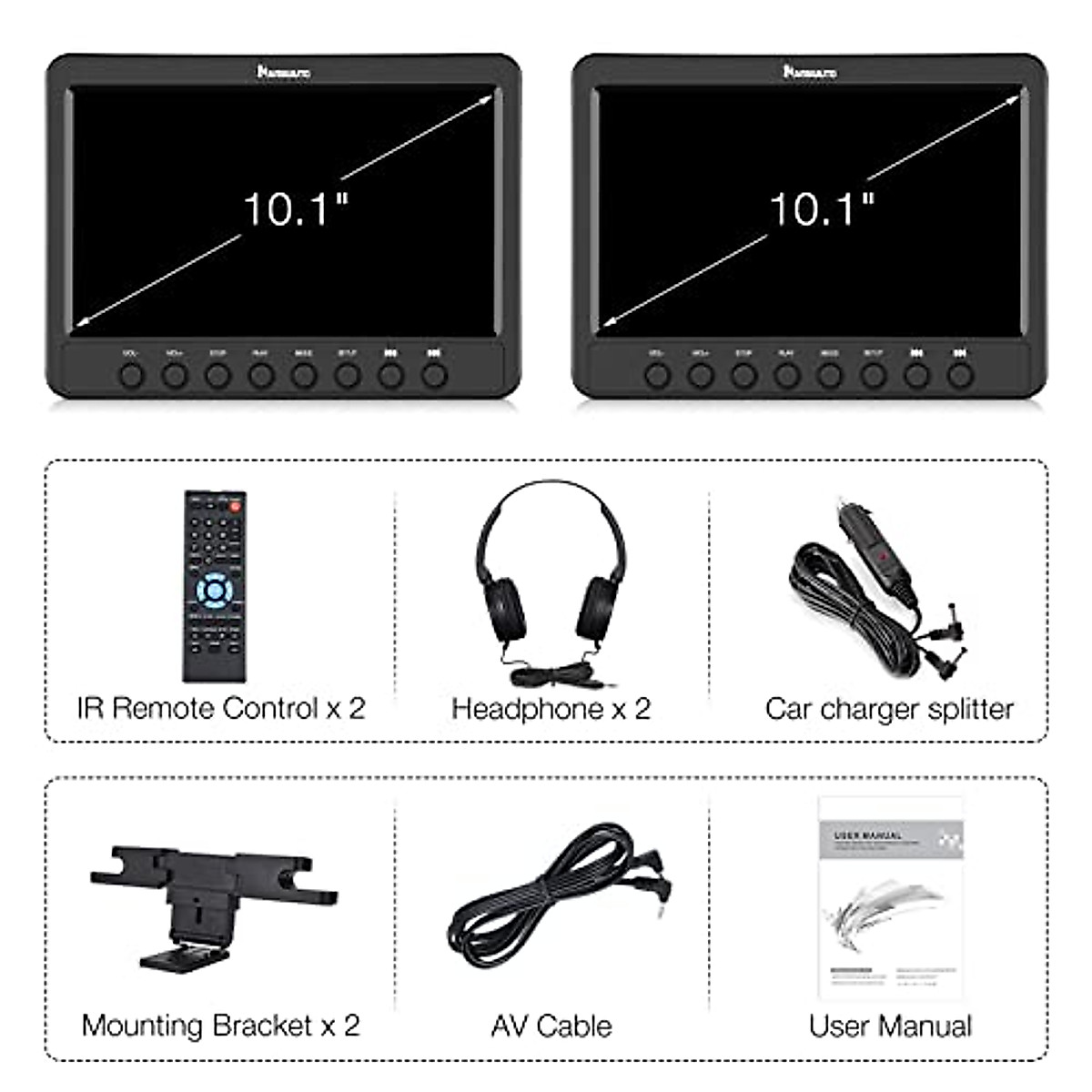 NAVISKAUTO 10.1" Dual Car DVD Players with HDMI Input 2 Headphones Mounting Bracket Support 1080P MP4 Video Region Free (2 x Headrest DVD Players)