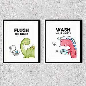 FALJIOK Funny Dinosaur Bathroom Decor, Brush Flush Wipe Wash Baby Boy Nursery Bathroom Wall Art Prints Decorations for Kids Nursery Boy Girl Son Bathroom Set of 4(8" x 10") Unframed