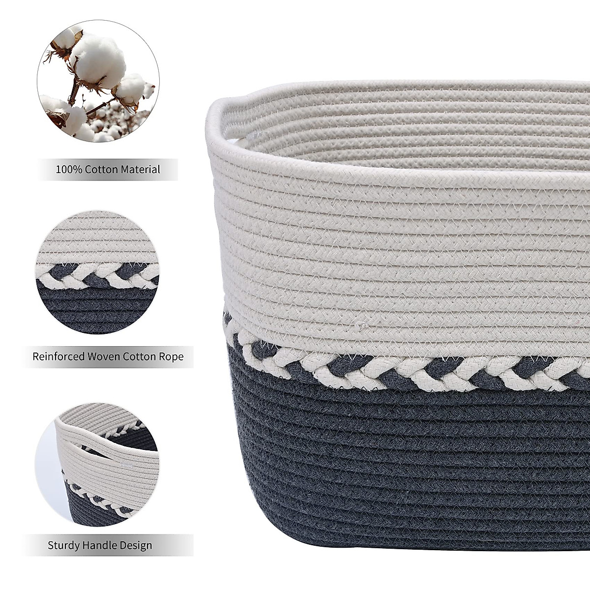 RITHLELA Cotton Rope Cube Shelf Storage Baskets Set of 3, Woven Baskets Fabric Bins Cat Toy Baskets Shelves Nursery Basket for Bathroom Bedroom Dark Grey & White 15"x10"x9" Design