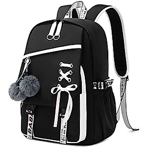 FENGDONG Teenage Girls Bookbag School Backpack Children Casual Daypack Schoolbag for Teens Black White