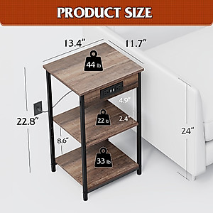 WLIVE Side Table with Charging Station and USB Ports, Small End Tables for Small Spaces, 3-Tier Nightstand with Adjustable Shelf, Bedside Tables, Living Room, Bedroom, Brown