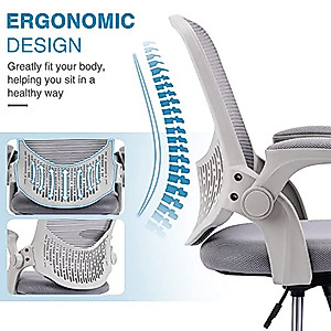 JHK Ergonomic Computer Mesh Home Office Desk Armrests, Rolling Swivel Chair with Lumbar Support Height Adjustable, Grey, Flip-up Arms