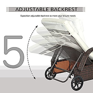 Outsunny Reclining Chaise Lounge Chair, Thickly Cushioned, Headrest, Armrests, Rolling Outdoor Plastic Rattan Sun Bathing Chair with Wheels for Poolside, Pool, Patio, Mixed Brown