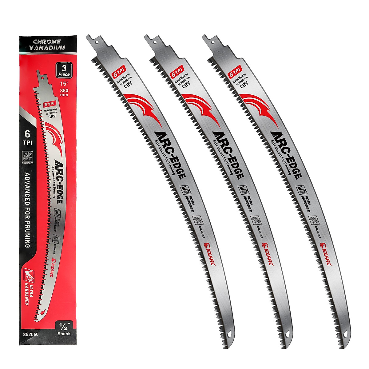 EZARC Japanese Teeth Reciprocating Saw Blade 15 Inch, Arc Edge Wood Pruning Saw Blades 6TPI for Tree Trimming, Wood Cutting, 3 Pieces