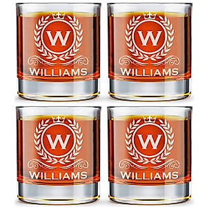 Personalized Custom Whiskey Glass (Set Of 4), Engraved Etched Monogram Rocks Cocktail Glass, 10.25 oz Old Fashioned Whiskey Gift Glass