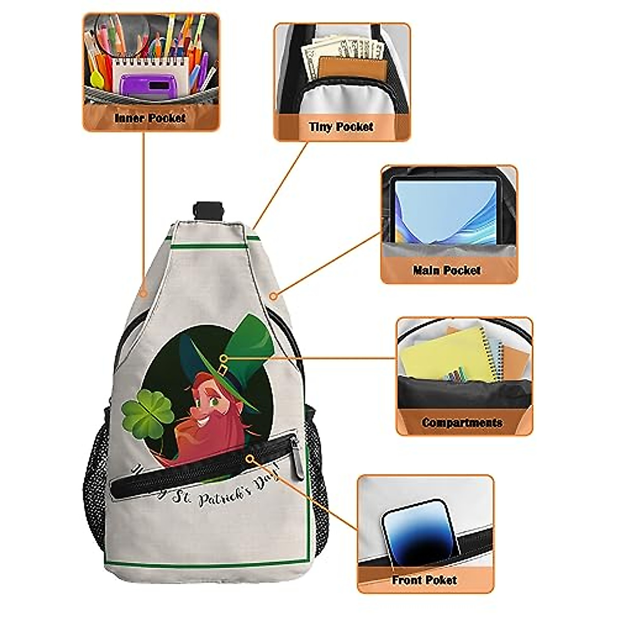 Sling Backpack, St.Patrick's Day Shamrocks Gnome Black Green Border Linen Waterproof Lightweight Small Sling Bag, Travel Chest Bag Crossbody Shoulder Bag Hiking Daypack for Women Men