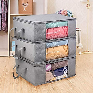 Ecomigo Foldable Storage Bag Organizers - Large Clear Window, Reinforced Carry Handles, Sturdy Zipper - Perfect for Clothes, Blankets, Bedrooms, Closets and More (3-Pack, Gray)