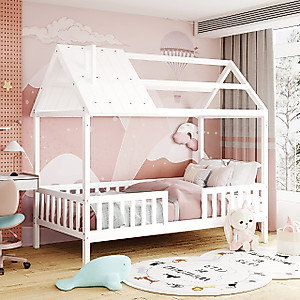 Merax Twin House Bed for Kids,Wood Twin Bed Frame House-Shaped Bed Platform Bed Frame with Roof Windows and Full-Length Safety Rails White