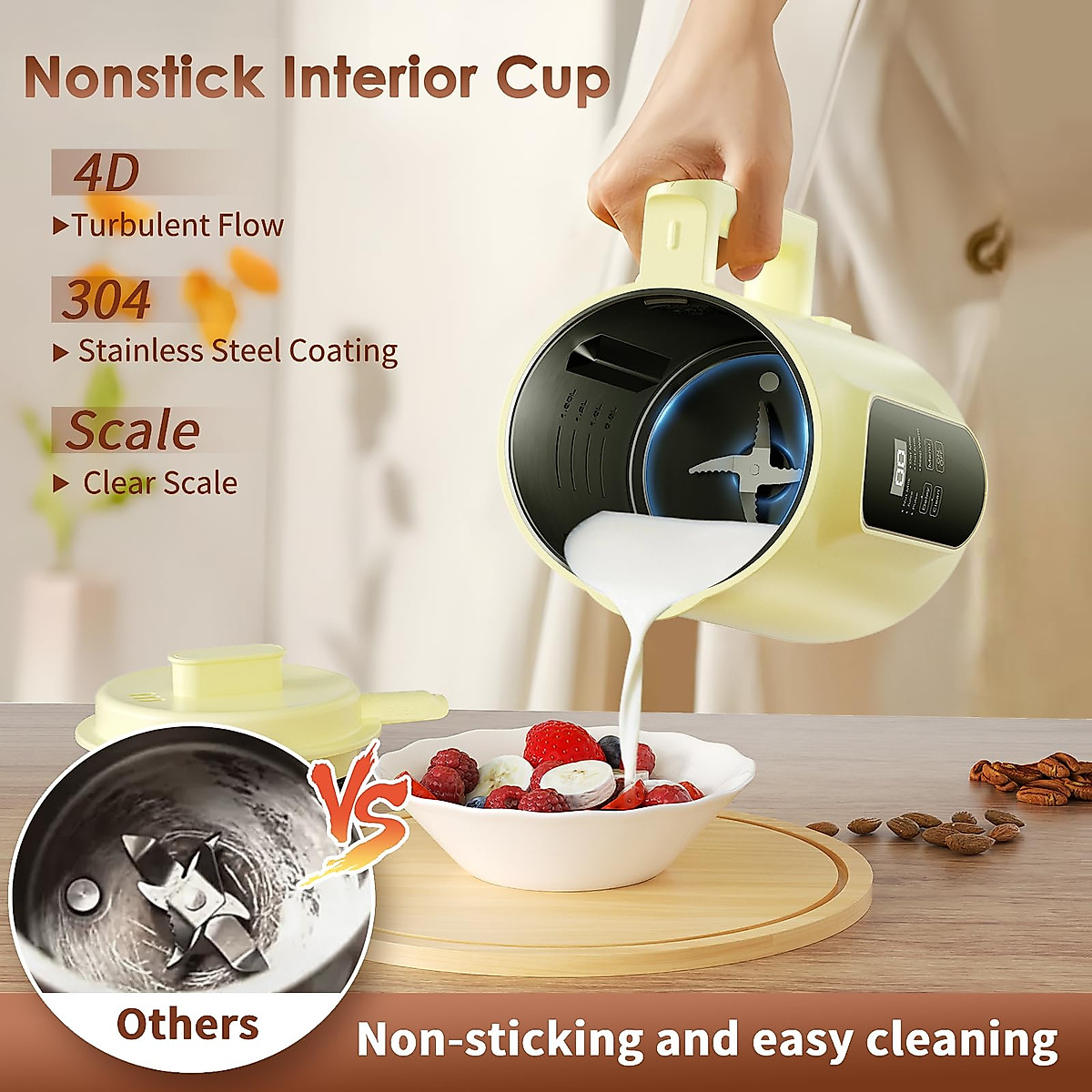 Nut Milk Maker Machine, 45oz Almond Milk Maker, Oat Milk Maker, Soy Milk Maker, Plant Based Milk Maker, Coconut, Cashew, Juice, Smoothies Non Dairy Beverages, Keep Warm, No Soaking, Auto-Clean, Yellow